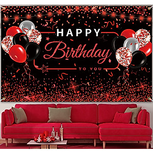 Red and Black Happy Birthday Background Banner Sign Poster Large Fabric Glitter Balloon Fireworks Sign Birthday Photo Backdrop Background for Kid Adults Birthday Party Decoration Supplies,65 x 41 Inch