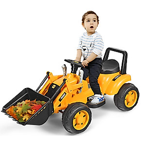 HONEY JOY Ride On Excavator, 6V Battery Powered Wheeled Loader Digger with Working Front Bucket, Forward/Backward, Electric Construction Vehicle for Kids, Ride On Tractor for Boys Girls, Yellow