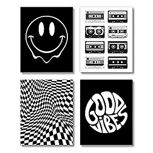 Brooke & Vine Teen Tween Girl Boy 70's 80's Retro Posters Wall Art Prints (UNFRAMED 8 x 10) Vintage Good Vibes Smiley Face Black and White Bathroom Wall Decor, Restroom, Bedroom, Dorm, Posters (Smiley Checkerboard Cassette Tapes - Black and White)