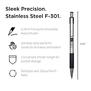 Zebra Pen F-301 Retractable Ballpoint Pen, Stainless Steel Barrel, Fine Point, 0.7mm, Assorted Ink, 4-Pack