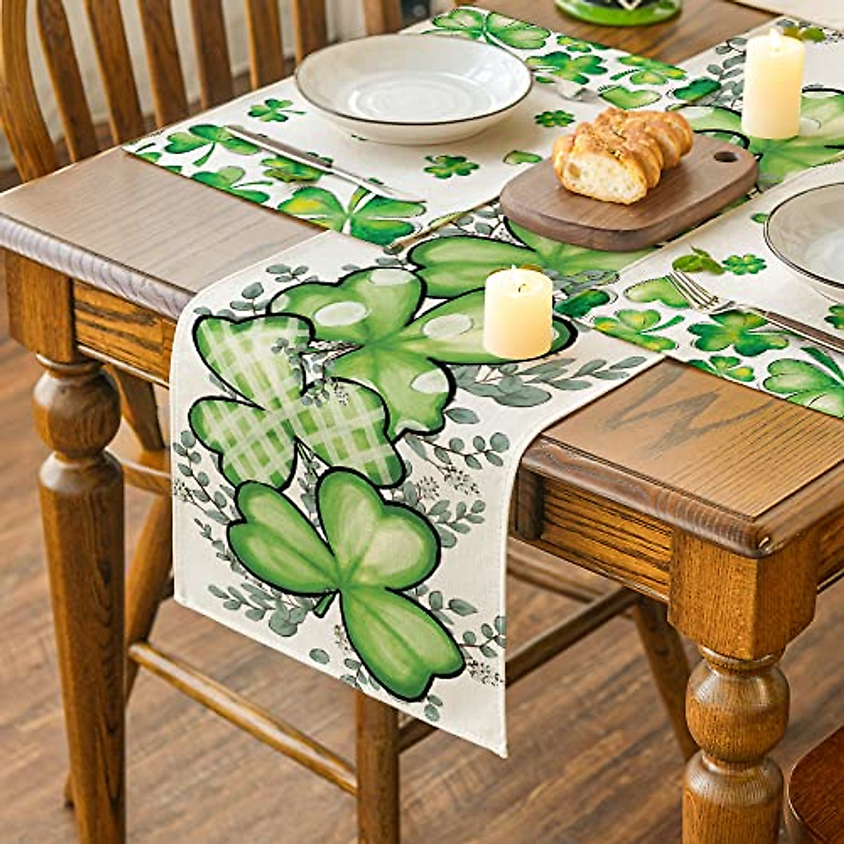 Artoid Mode Clover Shamrocks Eucalyptus Buffalo Plaid St.Patrick's Day Table Runner, Seasonal Kitchen Dining Table Runner for Home Party Decor 13x72 Inch