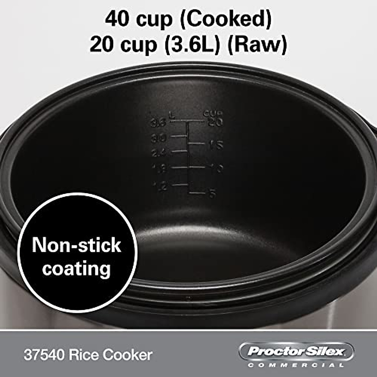 Proctor Silex Commercial 37540 Rice Cooker/Warmer, 40 Cups Cooked Rice, Non-Stick Pot, Hinged Lid, Stainless Steel Housing