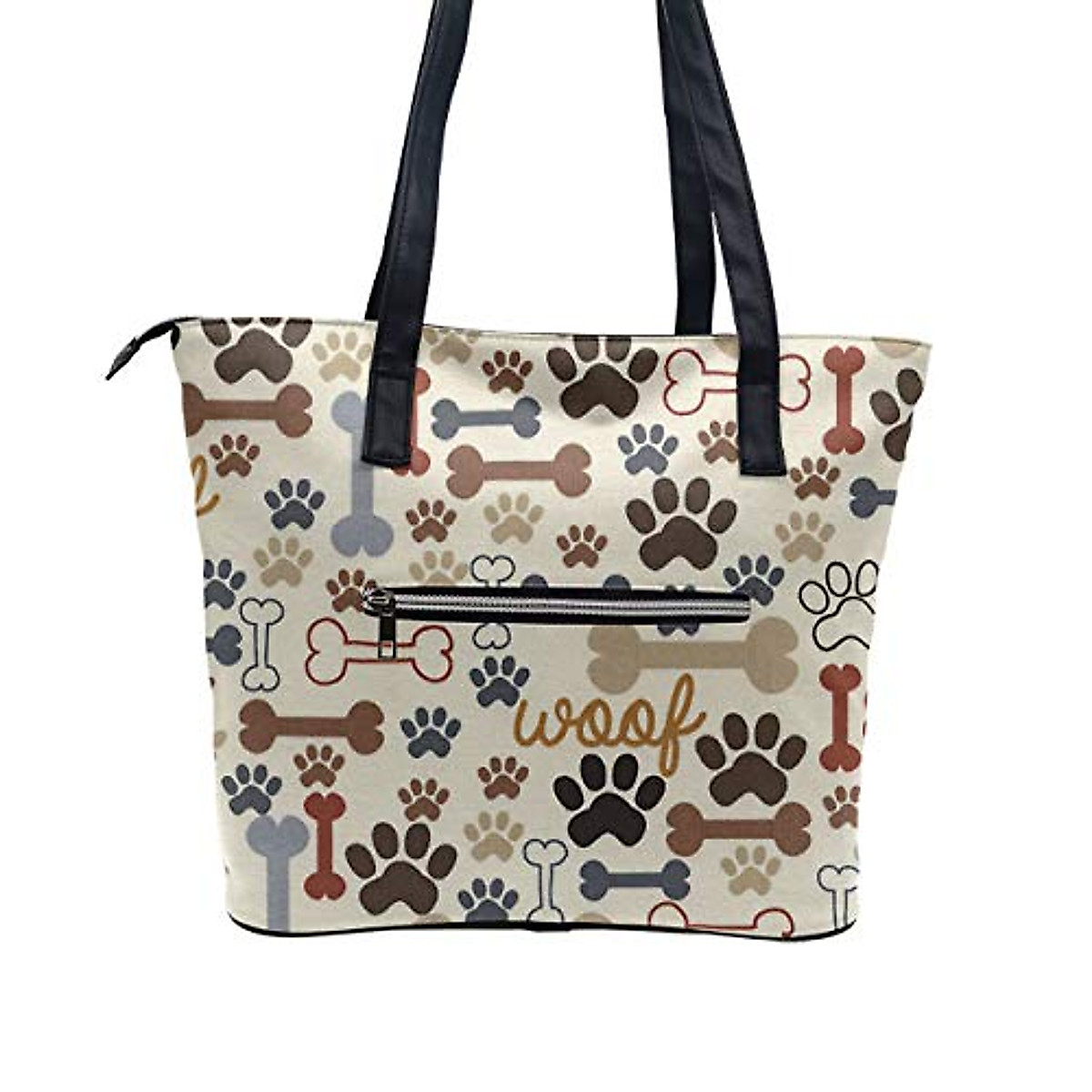 Dog Bones Paw Prints Cream Handbag Water Resistant Shoulder Bag Bookbag for Women Teens, Tote Bag with Inner Pouch