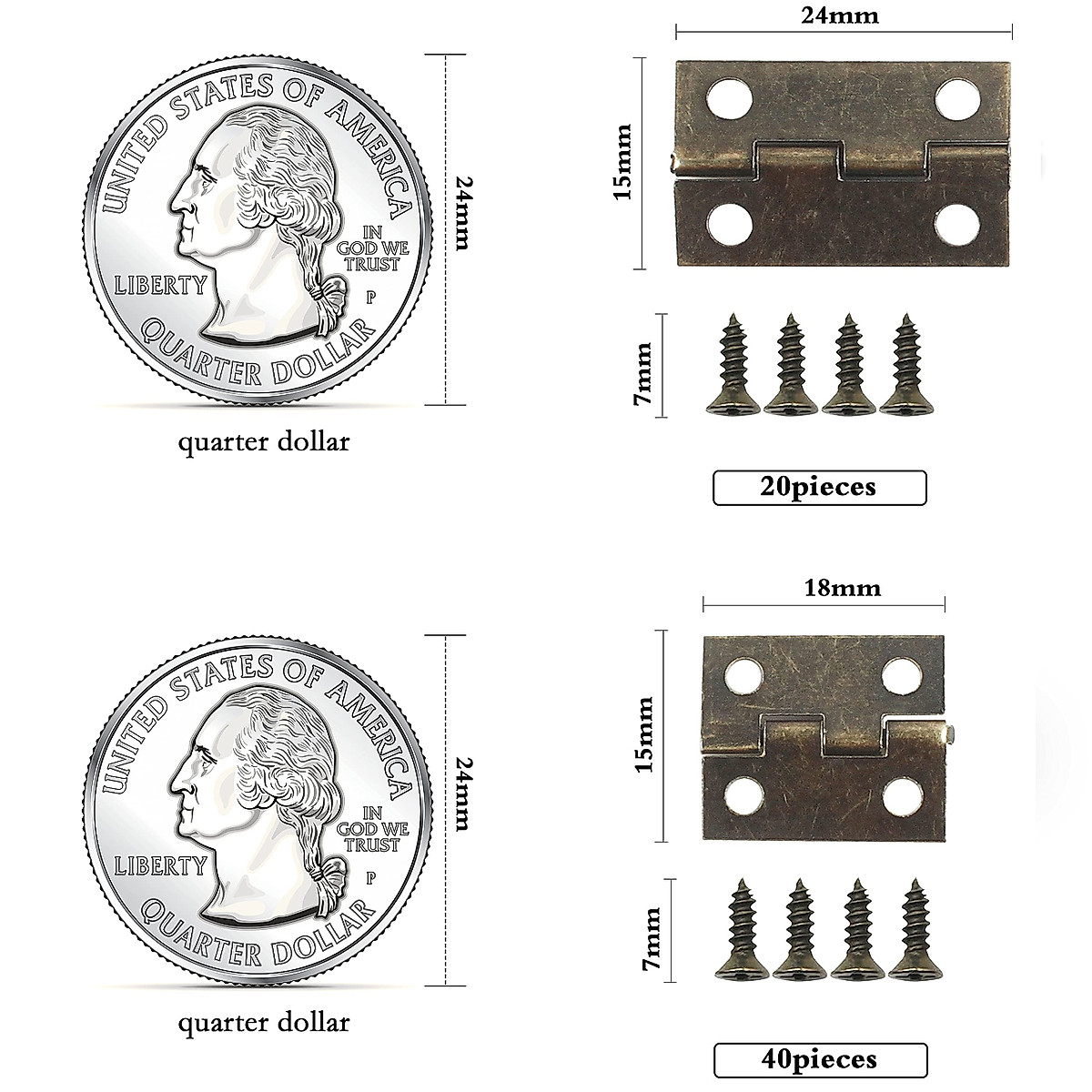 60Pcs Small Mini Hinges for Wooden Box, Crafts, Jewelry Box, Bird House, Bronze Small Box Hinges with 260 Pcs Screws