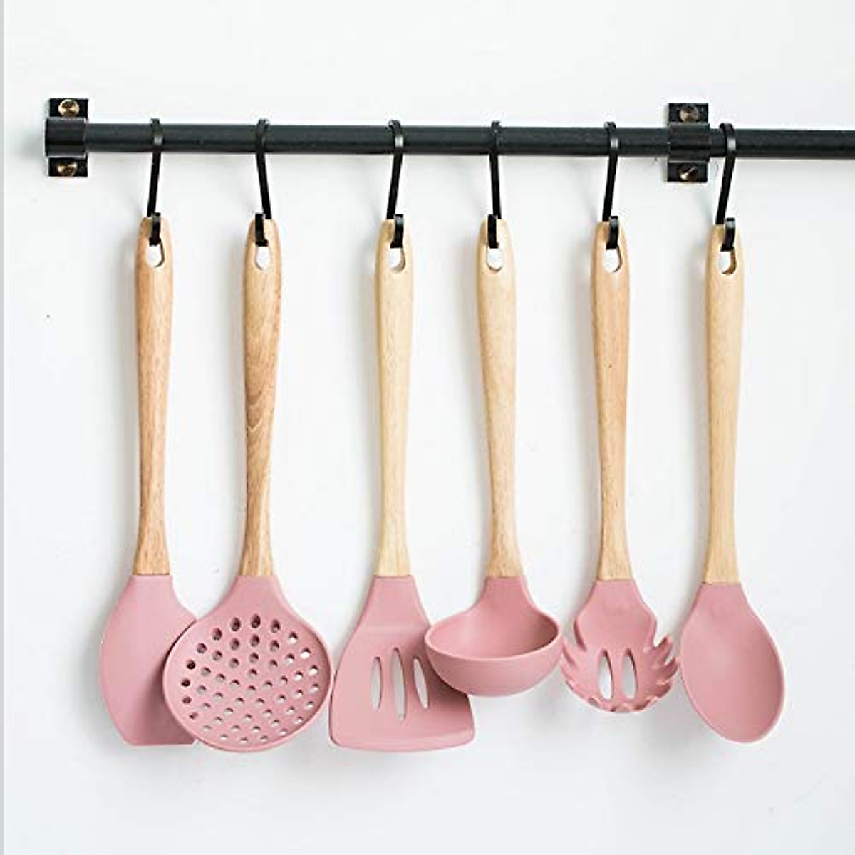 LMMDP Wooden Handle Silica Gel Cooker Non-stick Pan Household Kitchen Utensils Cooking Spoon Shovel Set