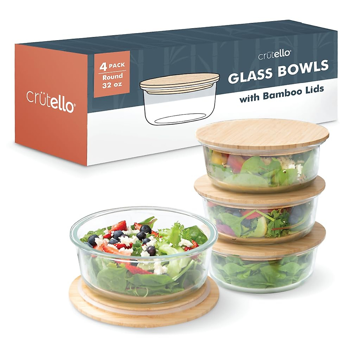 Crutello Glass Storage Containers with Bamboo Lids - Eco-Friendly Non Toxic Meal Prep Jars with Wooden Lid for Fridge and Kitchen Organization - Non Plastic Container for Fruit Bowls - 32 oz - 4 Pack
