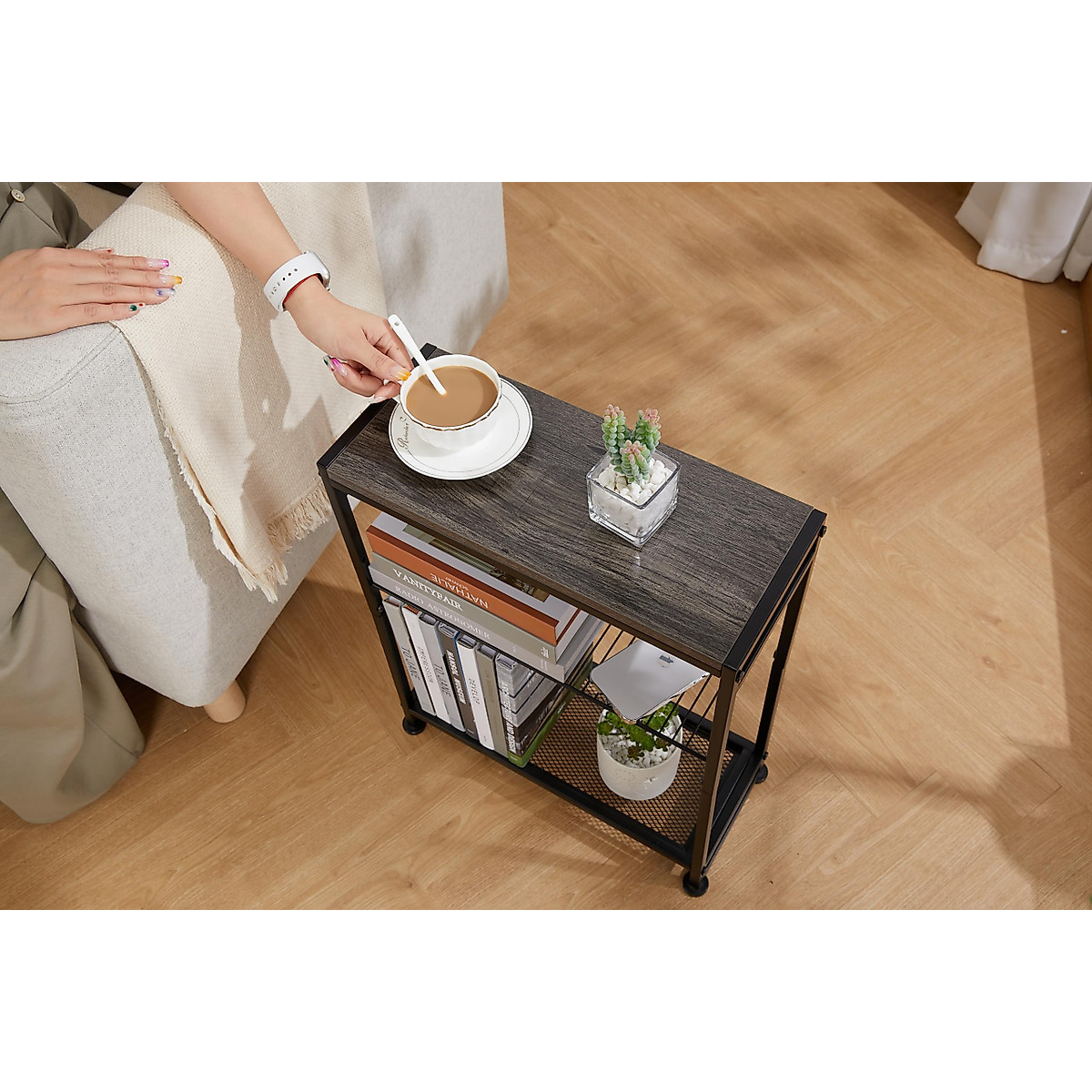 Small Side Table for Small Spaces - Slim End Table with Magazine Holder - 2 in 1 Design Narrow End Table Living Room - Skinny Bedside Table Nightstand Bedroom Thin Side Table (Grey)