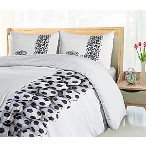 Ambesonne Letter J Duvet Cover Set, Soccer Balls in The Form of a Letter Futboll Alphabet Theme Teamplay Sports, Decorative 2 Piece Bedding Set with 1 Pillow Sham, Twin Size, Black Off White