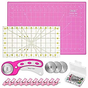 Rotary Cutter Kit, 45mm Rotary Cutter Tool Kit with Rotary Cutter, 12x18 Inch A3 Cutting Mat, Patchwork Ruler, 10 Fabric Clips, 50 pins and 3 Spare Blades