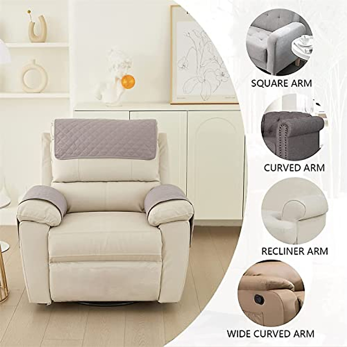 EXTLEZSA Sofa Armrest Cover,1/2/3 Seater Sofa Headrest Slipcovers Nonslip Armchair Cover Quilted Water Proof Furniture Protector for Recliner Leather Sofa Couch (Light Gray,1 Seat Recliner 3 pc)
