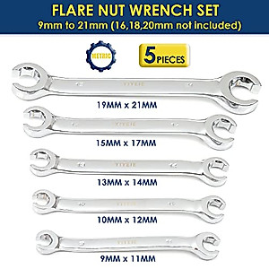 YIYEIE Flare Nut Wrench Set, Metric 5-Piece, Brake Line Wrench Set 9, 10, 11, 12, 13, 14, 15, 17, 19, 21 mm, CR-V Steel, with Roll-up Pouch