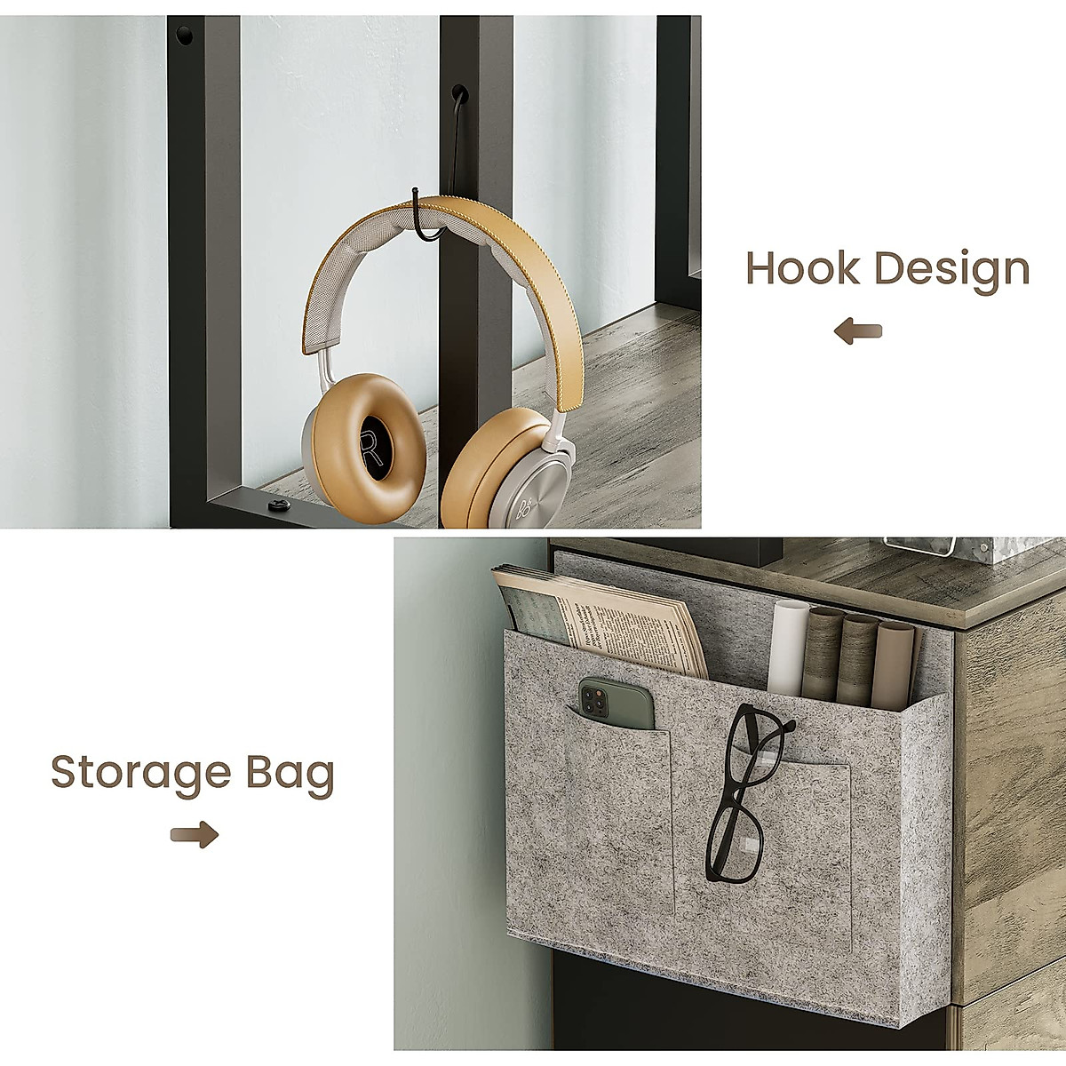 Itaar 2 Drawer File Cabinet with Lock, Fits Letter, Legal, A4 Size, Hanging File Folders, Home Office with Adjustable Storage Shelf and Hook, Oak Grey