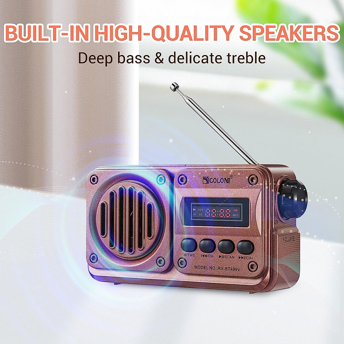 Gelielim Portable Radio with Bluetooth, FM Radio with Loud Volume, Digital Radio Retro Bluetooth Speaker with LED Display Support TF Card/USB, Present for Grandparents for Kitchen Outdoor (No AM)