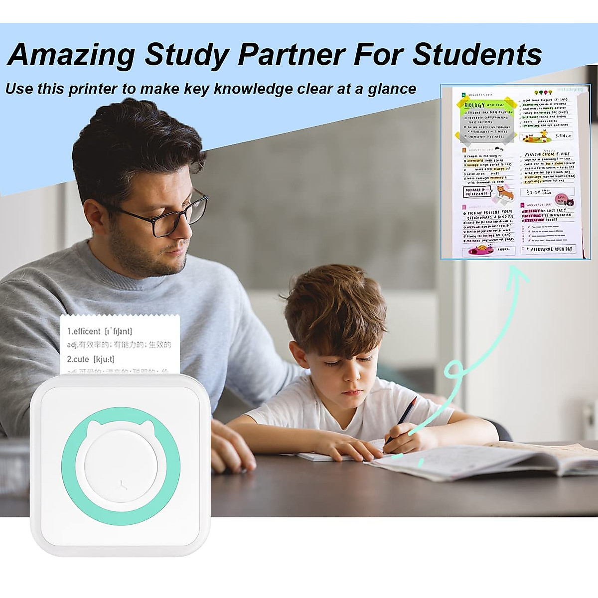 Portable Pocket Printer, Mini Bluetooth Thermal Mobile Printers with 10 Rolls Printing Paper and 5 Colored Pens Compatible with Android iOS, Inkless Printing Gift for Study Office Receipt Photo Notes