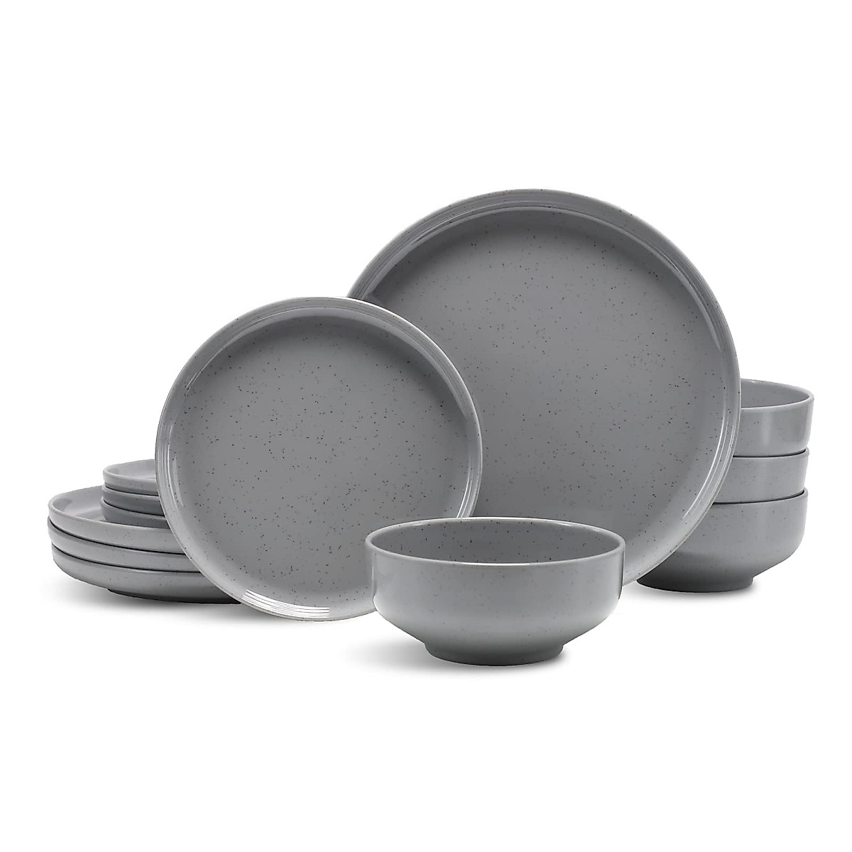 12 Pcs Melamine Dinnerware Sets, Plates and Bowls Sets, Dishes Set for 4, Melamine Plates, Outdoor Dinnerware Set, Lightweight, Unbreakable, Dishwasher Safe,BPA Free (Grey）
