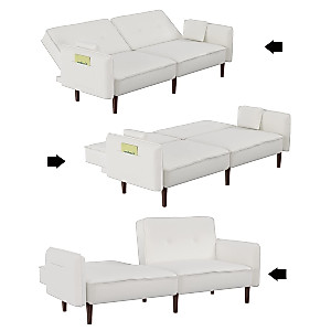 WILLIAMSPACE 75" Futon Sofa Bed, Convertible Sleeper Sofa with Magazine Bag, Small Splitback Sofa with Tapered Solid Wood Leg, Padded Seat and Back, Loveseat Couch for Living Room, Beige Fabric