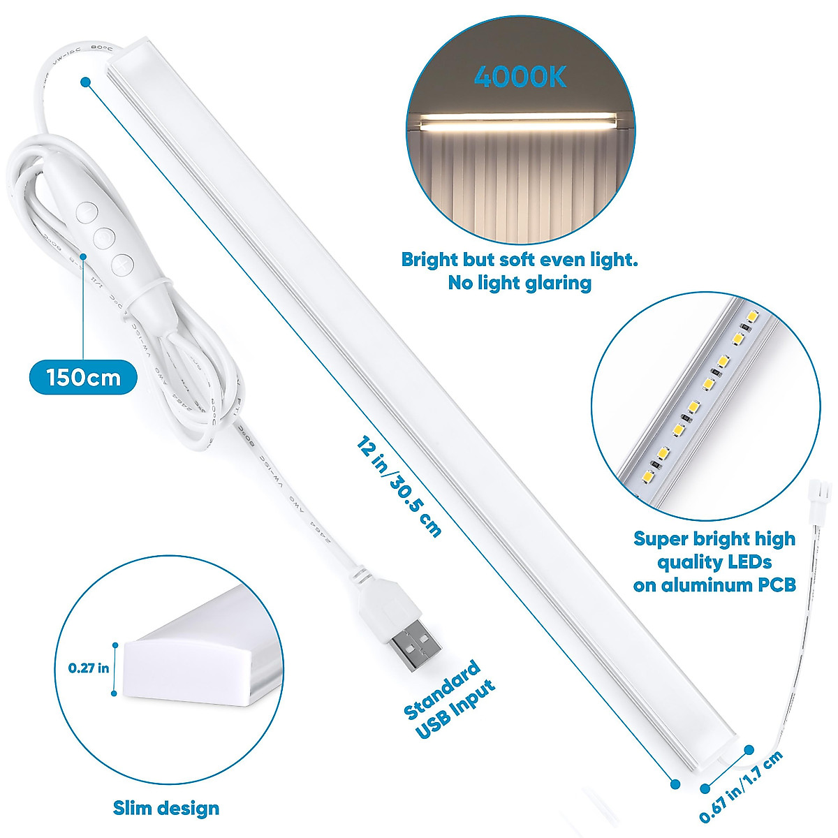 Litever Plug-in Under Cabinet Lighting Kit with Adapter, Dimmer, 2 pcs 12 Inch USB LED Light Strips. Dimmable Linkable for Kitchen Counter, Workbench, Over Sink, Closet, Pantry. Cool White 4000K