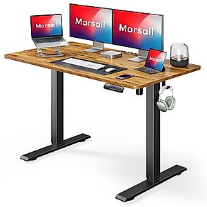 Marsail Electric Standing Desk with LED Lights, 48x24 Inch Adjustable Height Sit Stand up Desk for Home Office Furniture Computer Desk with 3 Memory Presets, Headphone Hook