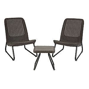 Keter Rio 3 Piece Resin Wicker Patio Furniture Set with Side Table and Outdoor Chairs, Brown