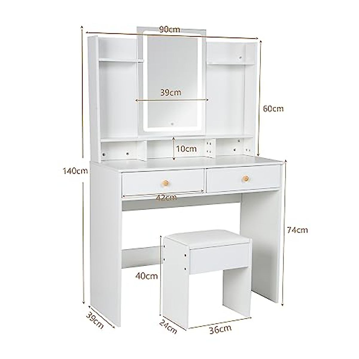 Modern Vanity Table with LED Lighted Mirror, Makeup Vanity Desk with 2 Drawers,Vanity Table Mirror with 3 Color Modes,Multiple Shelves & Cushioned Stool,Dressing Table for Bedroom