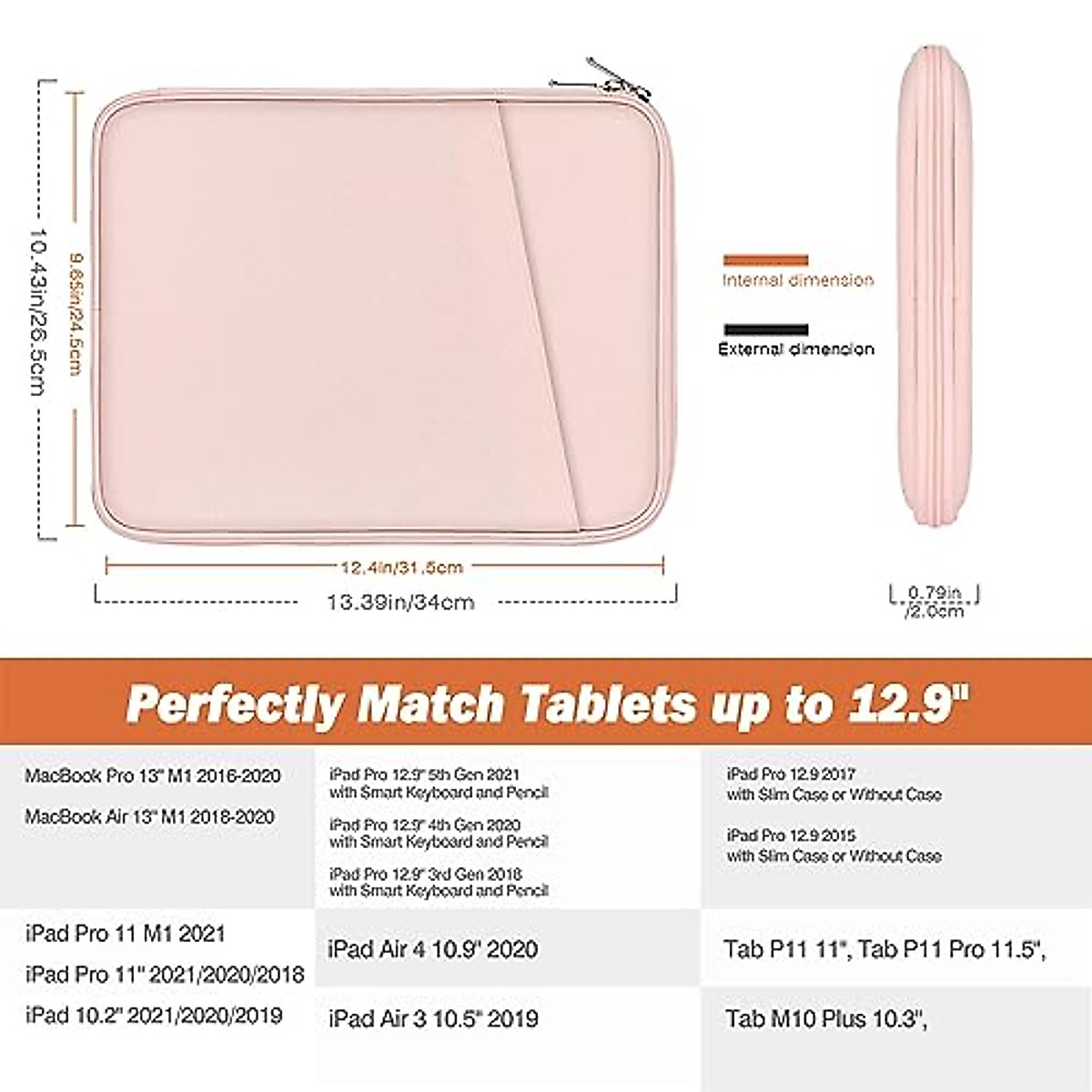 MoKo 12.9 Inch Tablet Sleeve Bag, Compatible with iPad Pro 12.9 M2 2022/2021/2020/2018/Pro 12.9 2017, Surface Laptop Go 12.4", Galaxy Tab S8+ 12.4", Waterproof Bag Carrying Case with Pocket, Pink