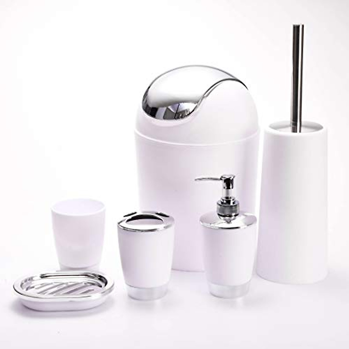 Zuvo 6 Pcs Plastic Bathroom Accessory Set Luxury Bath Accessories Bath Set Lotion Bottles, Toothbrush Holder, Tooth Mug, Soap Dish, Toilet Brush, Trash Can, Rubbish Bin (White)