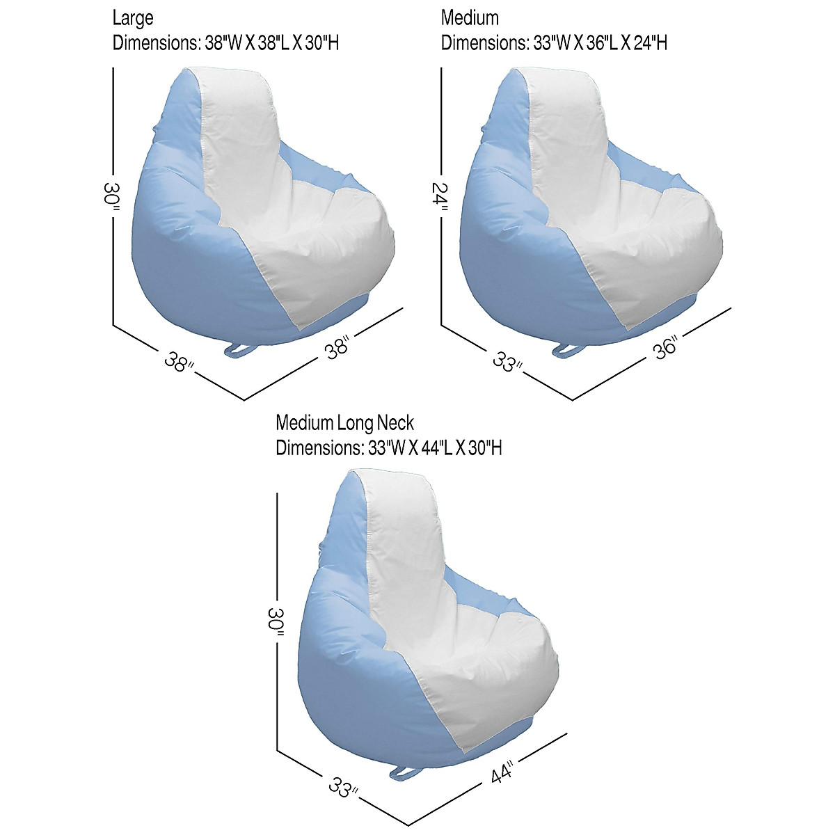 JoyBean Outdoor Bean Bag Chair - Water Resistant Marine Vinyl Ideal for Yacht Boat Pool Patio Garden Marine - Lawn Chair - Patio Furniture - for Adults Teens Kids (Large, White/Carolina Blue)