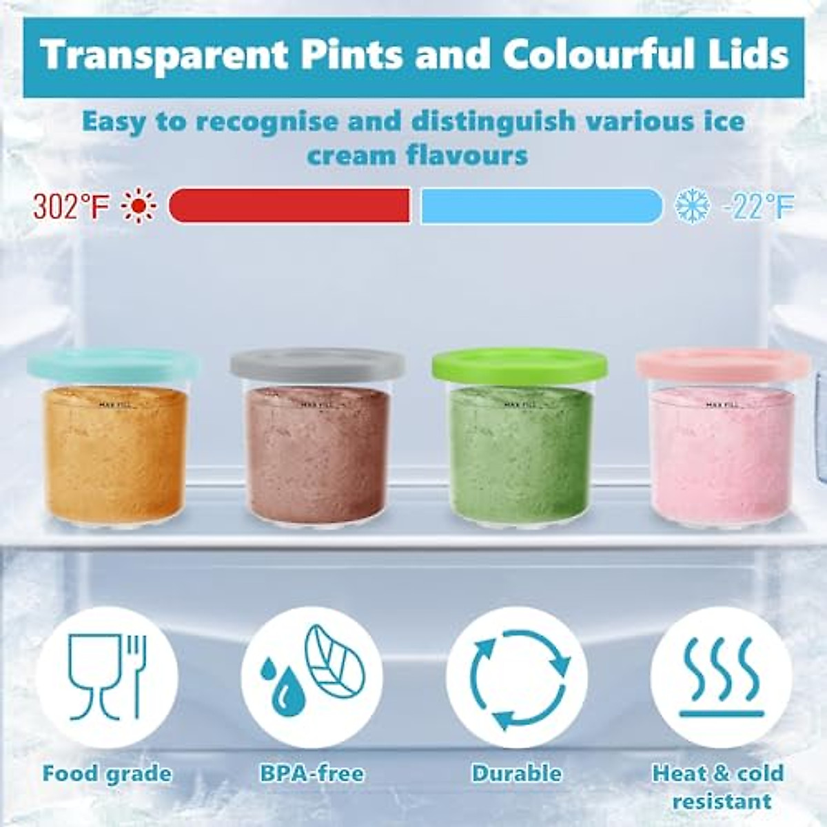 Nepfaivy Containers Replacement for Ninja Creami Pints and Lids - 4 Pack 16oz Creami Pint Containers Compatible with NC299AMZ & NC300s Series Ninja Ice Cream Maker, Creamy Pints Dishwasher Safe