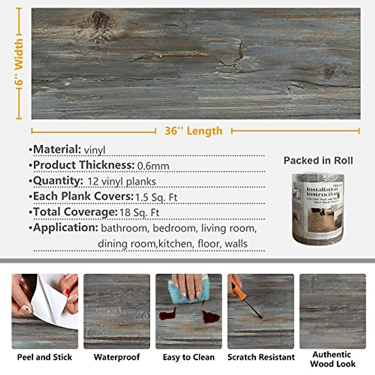 VEELIKE 12-Pack 6''x36'' Blue Reclaimed Wood Vinyl Flooring Peel and Stick Waterproof Wood Look Vinyl Plank Flooring Self Adhesive Renter Friendly Floor Stickers for Bathroom Bedroom Kitchen Basement