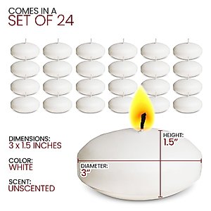 24 Count 3" Inch Floating Candles Bulk Set with 10 Hour Burn Time, Unscented White Floating Candles for Centerpieces in Cylinder Vases at a Wedding, Party, Pool, or Holiday, Large Floating Candles