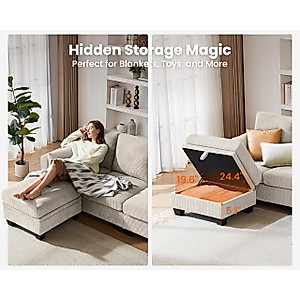 CHIC HOUSE Middle Module for Modular Couch, Corduroy Customizable Chaise, Storage Ottoman for Sectional Sofa, Armrest, Single/Double Seater