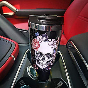 CUAJH Skull Flower Travel Coffee Mug, Personalized Coffee Tumbler with Wrap and Lid, Stainless Lined for Women Men, 14 OZ