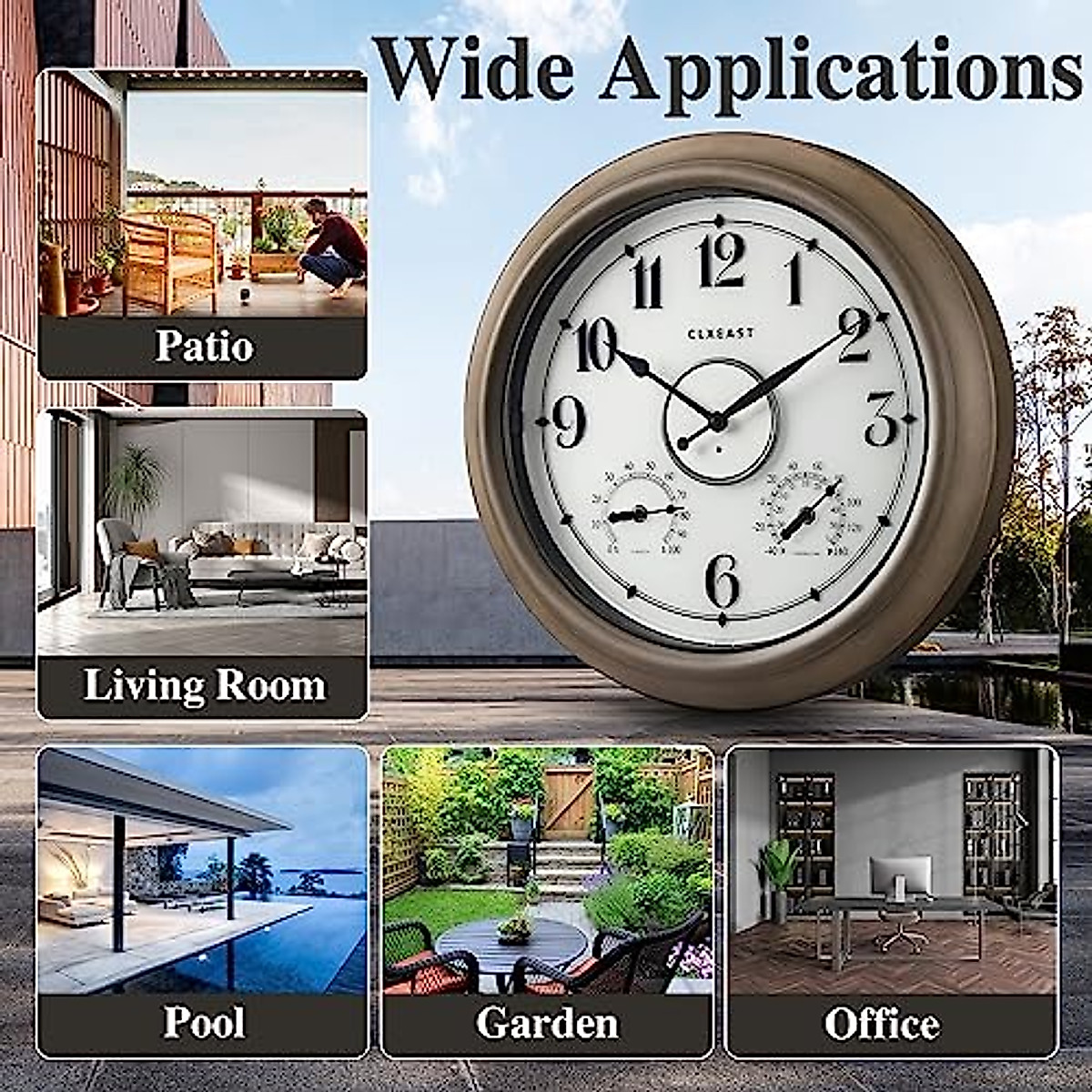 CLXEAST Illuminated Outdoor Clocks Waterproof 18 Inch with Smart Sensor,Large Outdoor Pool Clock with Temperature & Hygrometer,Wall Clock for Living Room Decor,Grey Oak/Faux Barnwood