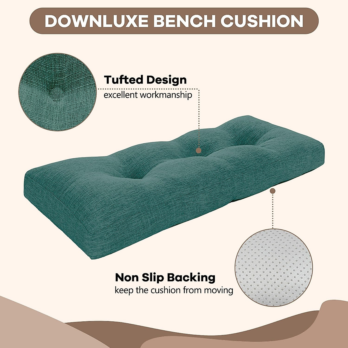 downluxe Indoor Bench Cushion for Indoor Furniture, Non-Slip Tufted Overstuffed Textured Memory Foam Bench Seat Cushion, 36" X 14" X 4", Green, 1 Pack