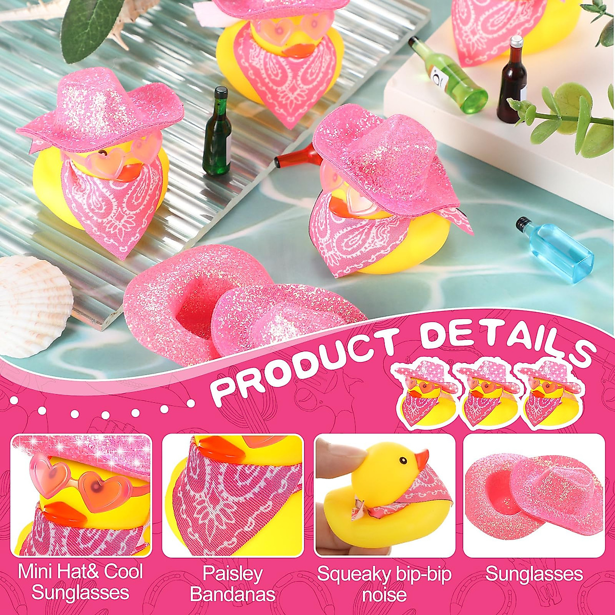 Jexine 24 Pcs Cowboy Rubber Duck, Mini Cowboy Rubber Duck with Hat Glasses Scarf Shower Party Favor(Glitter Pattern)