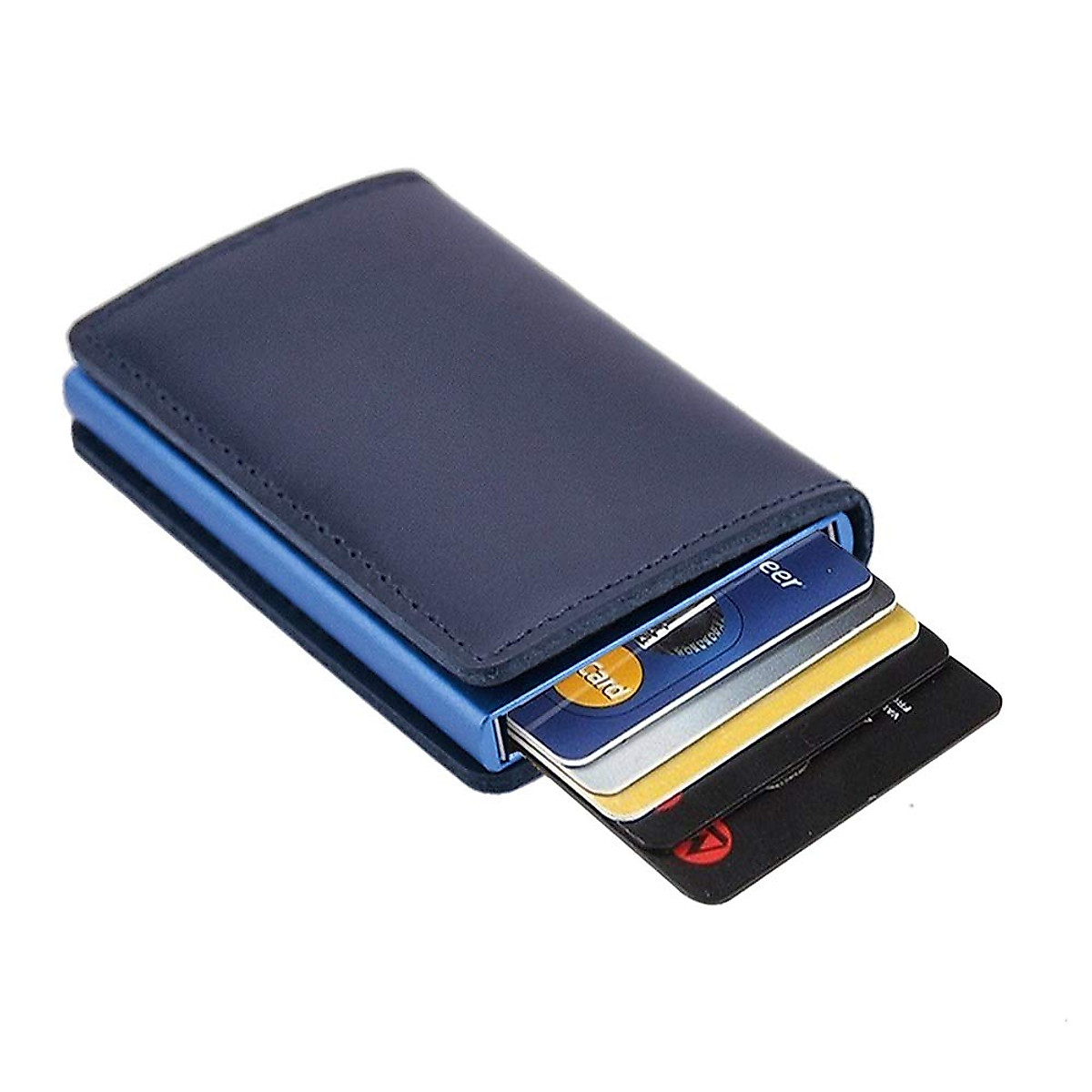 Dlife Credit Card Holder RFID Blocking Wallet Slim Wallet Cowhide Leather Vintage Aluminum Business Card Holder Automatic Pop-up Card Case Wallet Security Travel Wallet (Blue Case)