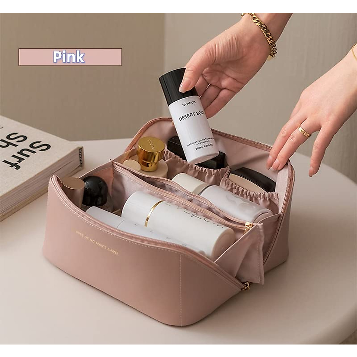 DqsWko Large Capacity Travel Cosmetic Bag, Cosmetic bags for women, Makeup Bag, Multifunctional Storage Makeup Bag PU Leather Makeup Bag, with Handle and Divider Travel Cosmetic Bags for Women(Pink)