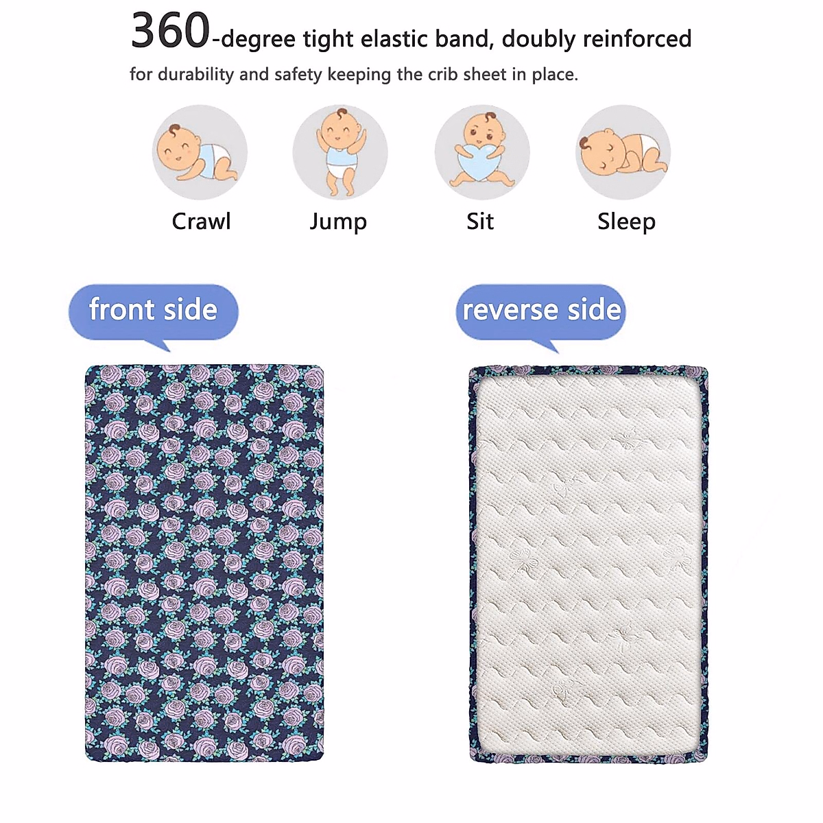 Rose Themed Fitted Mini Crib Sheets,Portable Mini Crib Sheets Soft & Stretchy Fitted Crib Sheet-Baby Sheet for Boys Girls,24“ x38“,Indigo Aqua Lilac