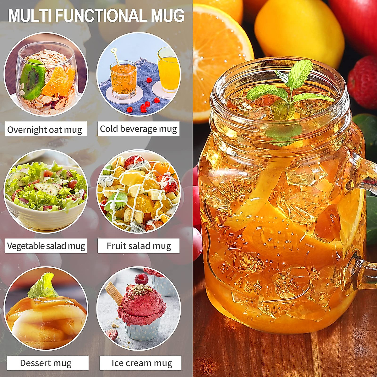 YSJILIDE Smoothie Cup with Lid and Straw, Iced Coffee Cup Reusable, Mason Jar Cups, Mason Jar Drinking Glasses for Juice Coffee Milkshake, Mason Jars with Handle Set of 2 (WHTIE)