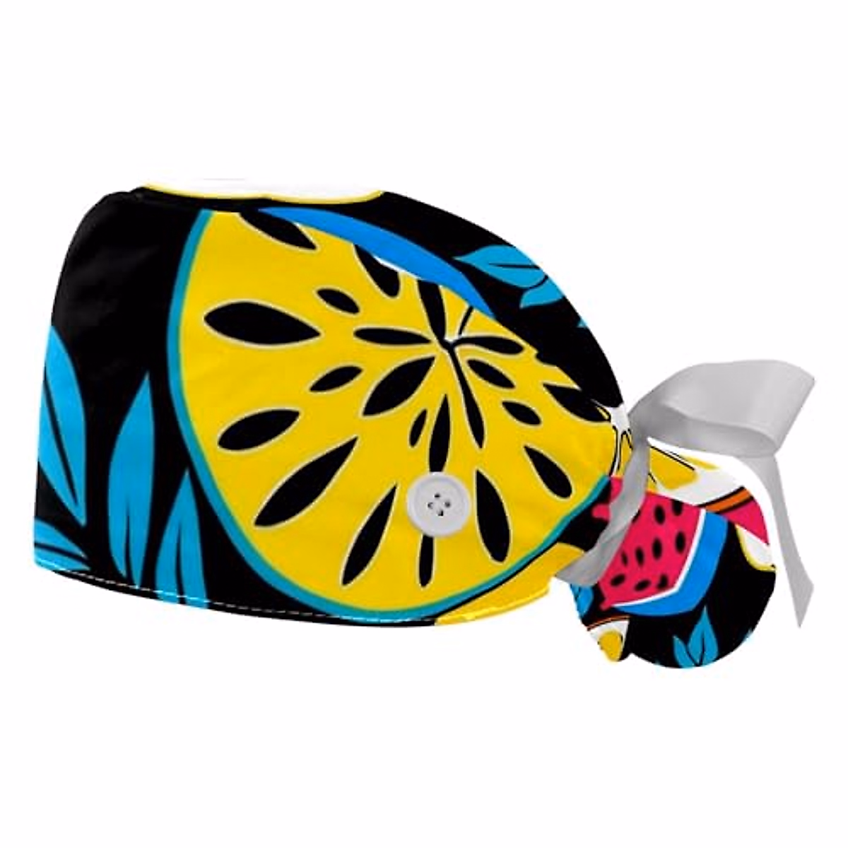 2-Pc Scrub Hats Women Bouffant Hats,Work Hat with Buttons and Cotton Sweatband,Tropical Colored Fruits