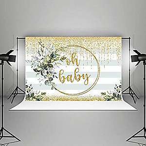 Lofaris Oh Baby Backdrop Baby Shower Green Leaves Gold Ring Golden Glitter Stripes Photography Background for Boy Girl Baby Shower Gender Neutral Newborn Party Decoration Banner Photo Booth Prop 9x6ft