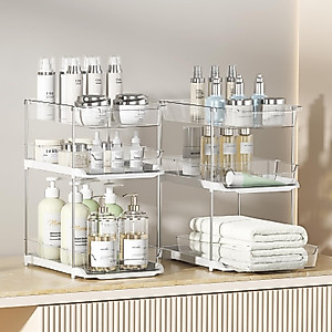 Delamu 2 Sets of 3-Tier Bathroom Under Sink Organizers and Storage, Multi-Purpose Stackable Pantry Organization and Storage, Pull Out Clear Kitchen Bathroom Cabinet Organizer with Movable Dividers