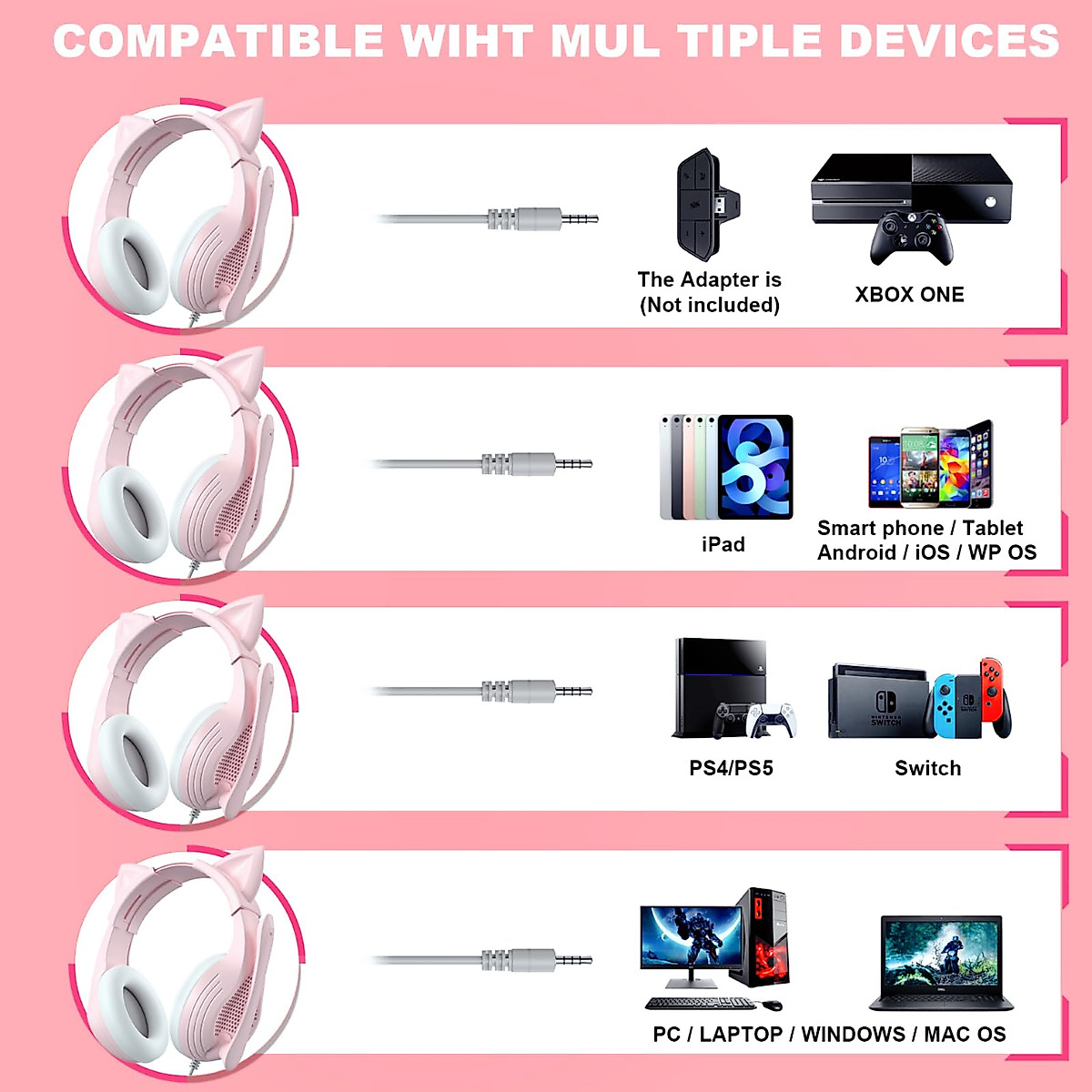 Emonoo Newest Pink Gaming Headset with Microphone for PC, PS5, Mac, Xbox, PS4, Over-Ear Surround Sound Stereo Cat Ear Headphones with Mic for Computers Laptop Smartphones Tablets