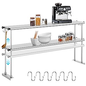 Vlaeng 60" x 12" Stainless Steel Double Overshelf, Double Overshelf with 6 Hooks, Adjustable Commercial Double Shelf for 60" Prep Work Table in Restaurant, Home, Kitchen and Workshop