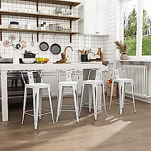 Andeworld Distressed Bar Stools Set of 4 Industrial Counter Stools Metal Barstools for Indoor-Outdoor (24 inch, White)