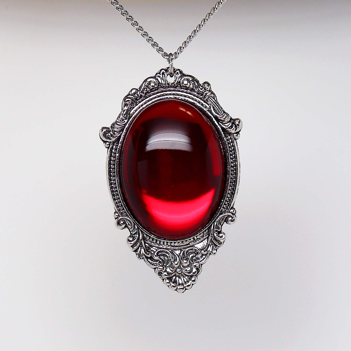 Blood Red Cabochon in Silver Finish Pewter Frame Pendant Necklace