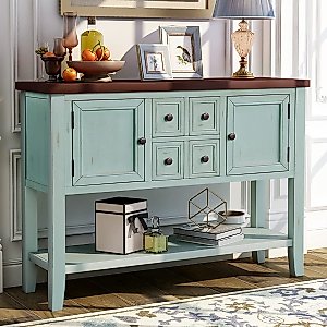 AnwickNomo Sofa Tables Narrow Long,Retro Wood Console Table with 4 Drawers and Bottom Shelf,Rustic Entryway Table, Sideboard Table with Storage (Retro Blue)
