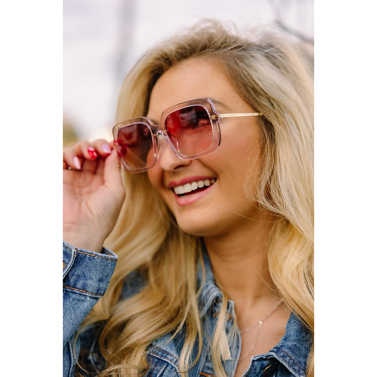DIFF Sandra Designer Oversized Square Sunglasses for Women UV400 Protection, Light Pink Crystal + Dusk Gradient