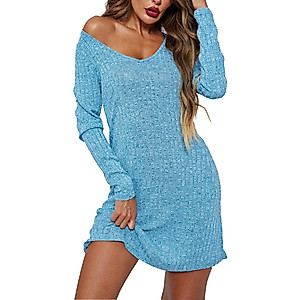 Ekouaer Womens Nightgown Long Sleeve Rib Knit Pajama Dress V Neck Soft Loungewear Sleepwear Light Blue,XL