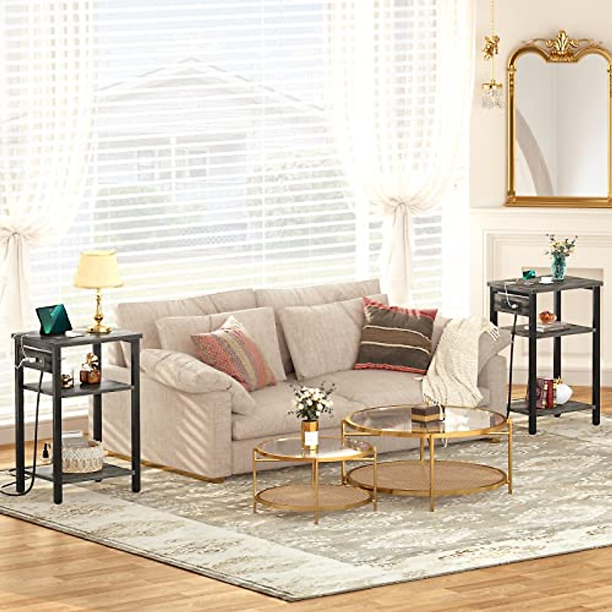 Cyclysio End Table Set of 2 with Charging Station, 3 Tier Small Nightstand with Storage Shelf, Slim Side Table with USB Ports & Outlets, Modern Sofa Bedside Table for Bedroom, Living Room, Gray Oak